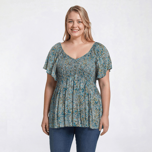 Click here for Juniors Plus Angie Floral Smock V Front Peasant To... prices