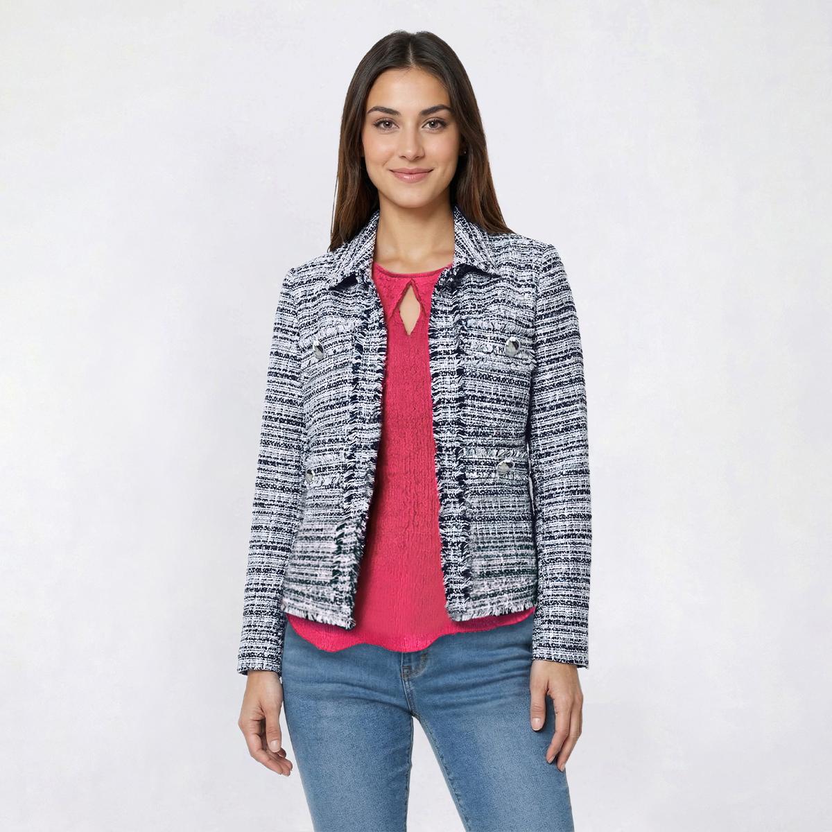 Click here for Womens Nanette Lepore Open Front Tweed Fringe Blaz... prices