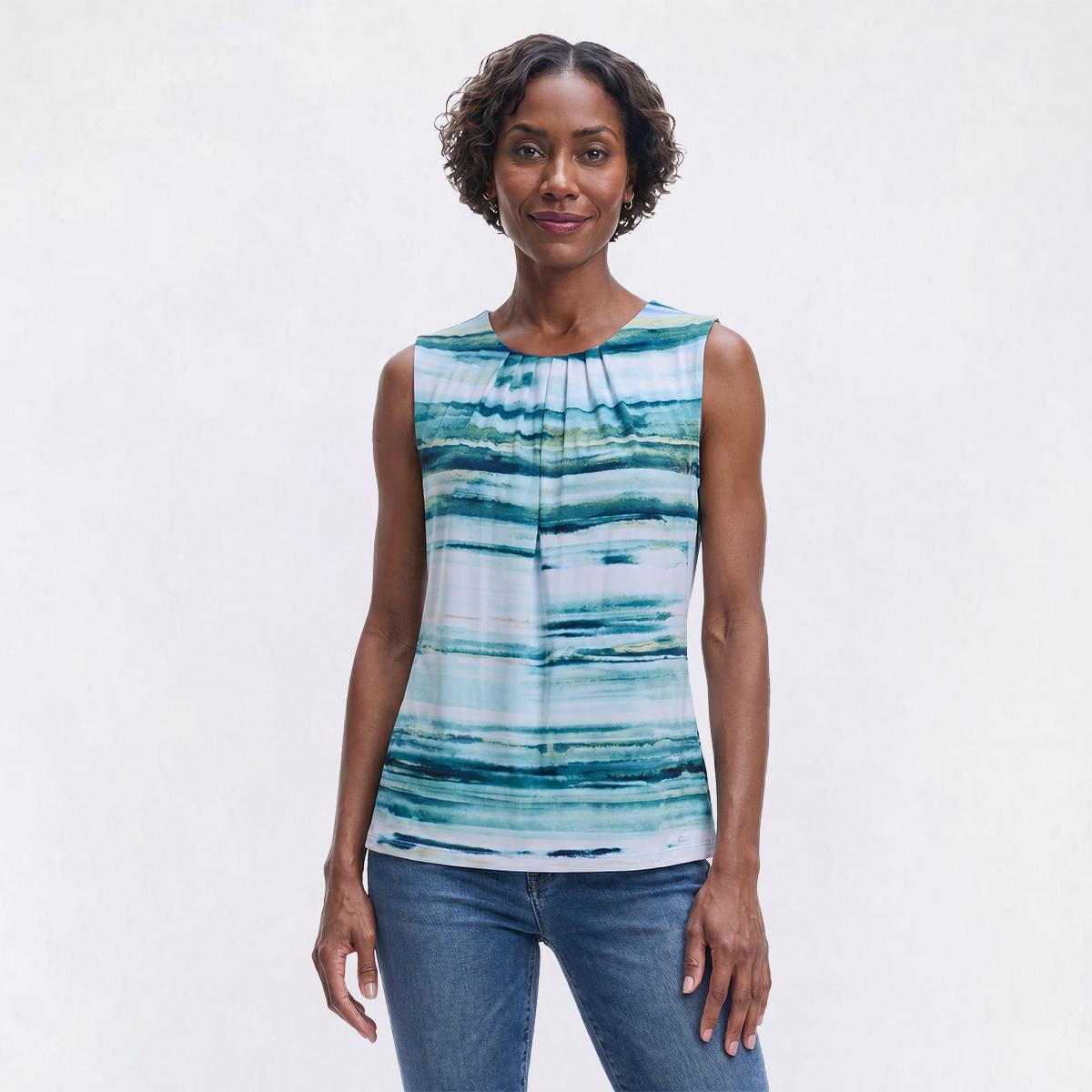 Click here for Womens Calvin Klein Sleeveless Pleated Neck Stripe... prices