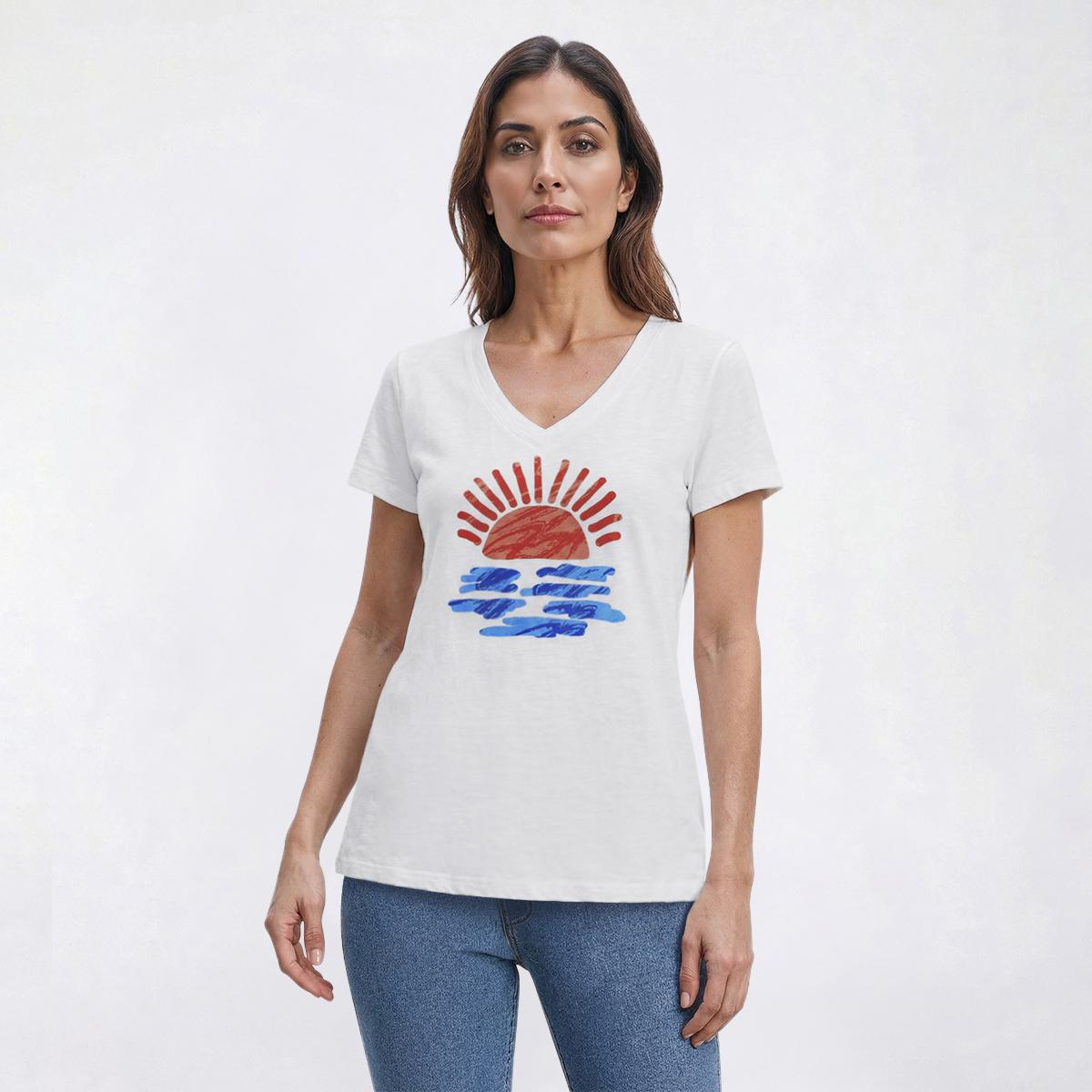 Click here for Plus Size Mountain Short Sleeve V Neck Sunrise Gra... prices