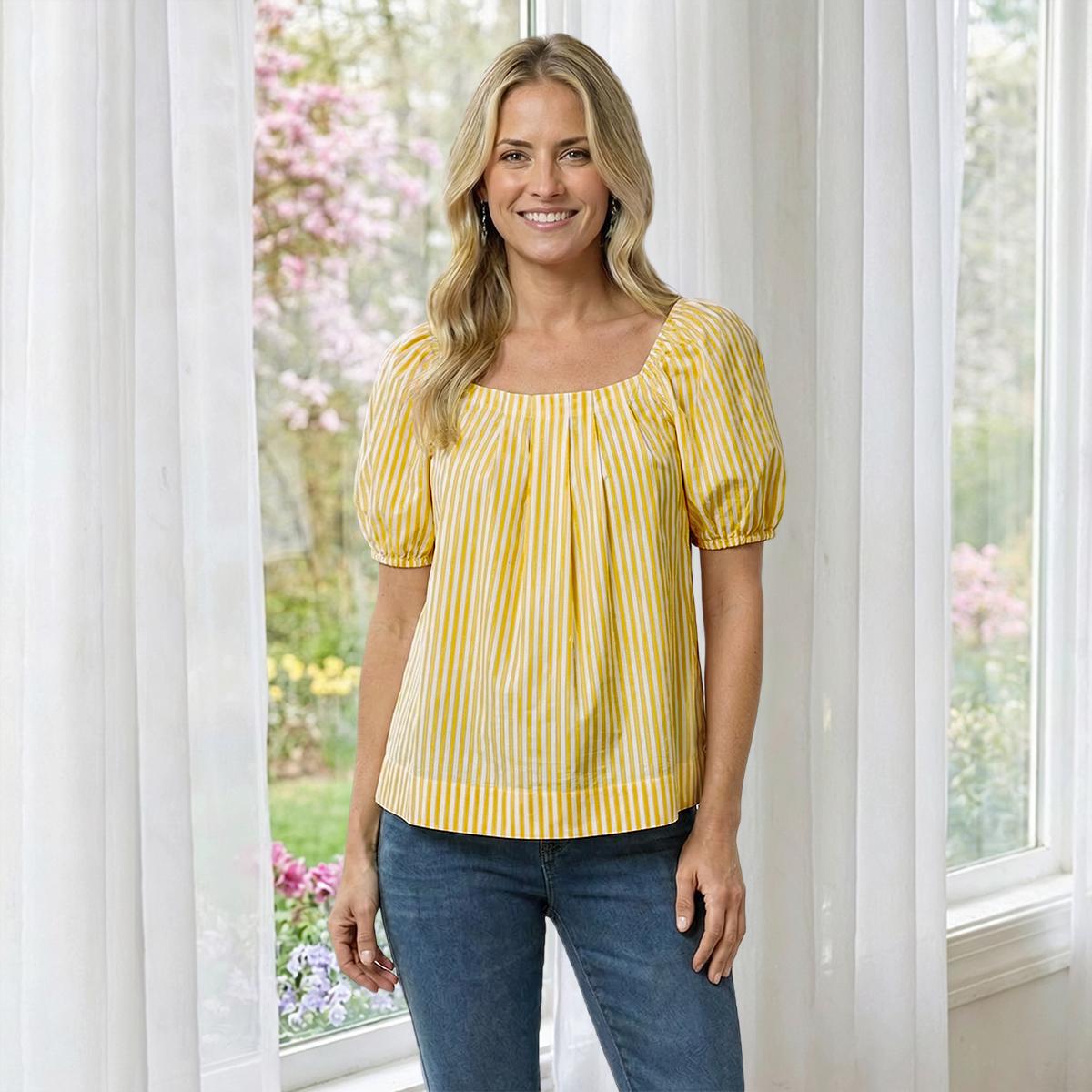 Click here for Womens Draper James Short Puff Sleeve Yarn Dye Str... prices