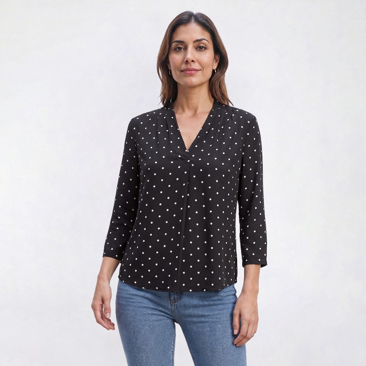 Click here for Petite Anne Klein Long Sleeve Dot V Neck Blouse prices