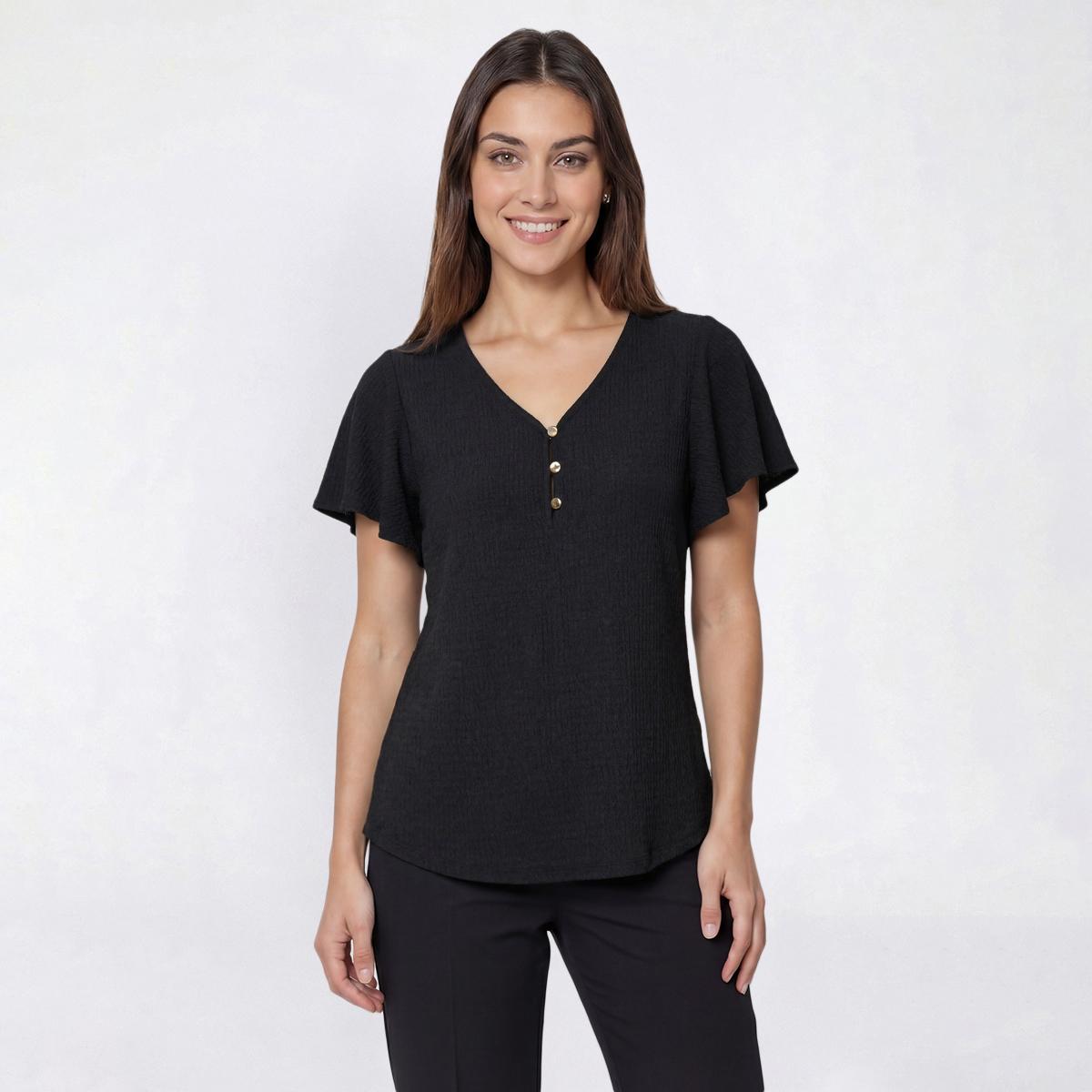 Click here for Womens Anne Klein Ruffle Sleeve Pucker Knit Button... prices