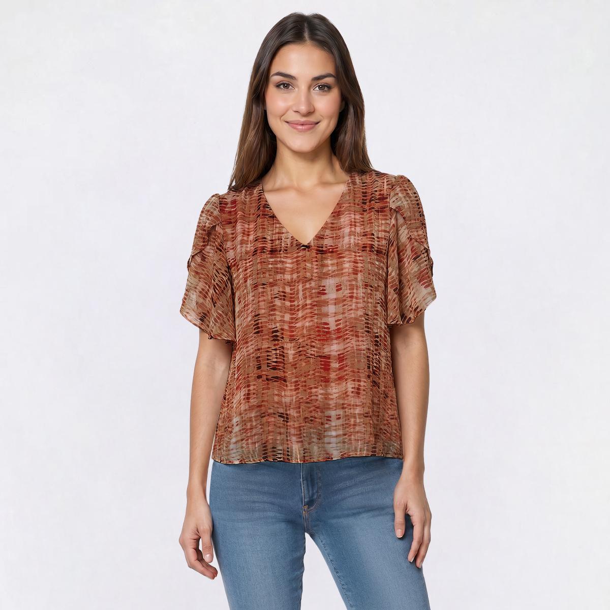 Click here for Petite Kasper Tulip Sleeve V-Neck Waved Abstract B... prices