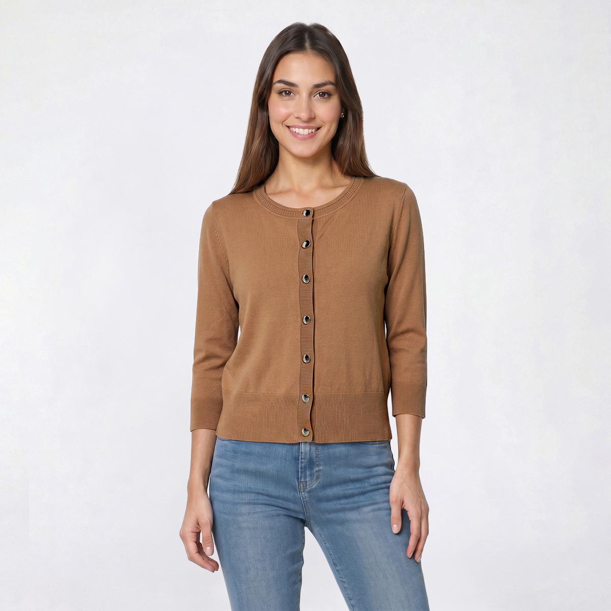 Click here for Petite Kasper 3/4 Sleeve Gold Button Rib Hem Cardi... prices