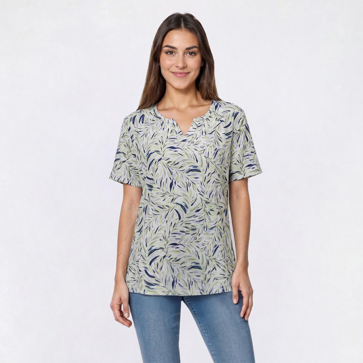 Click here for Petite Emily Daniels Short Sleeve Leaf Split Neck... prices