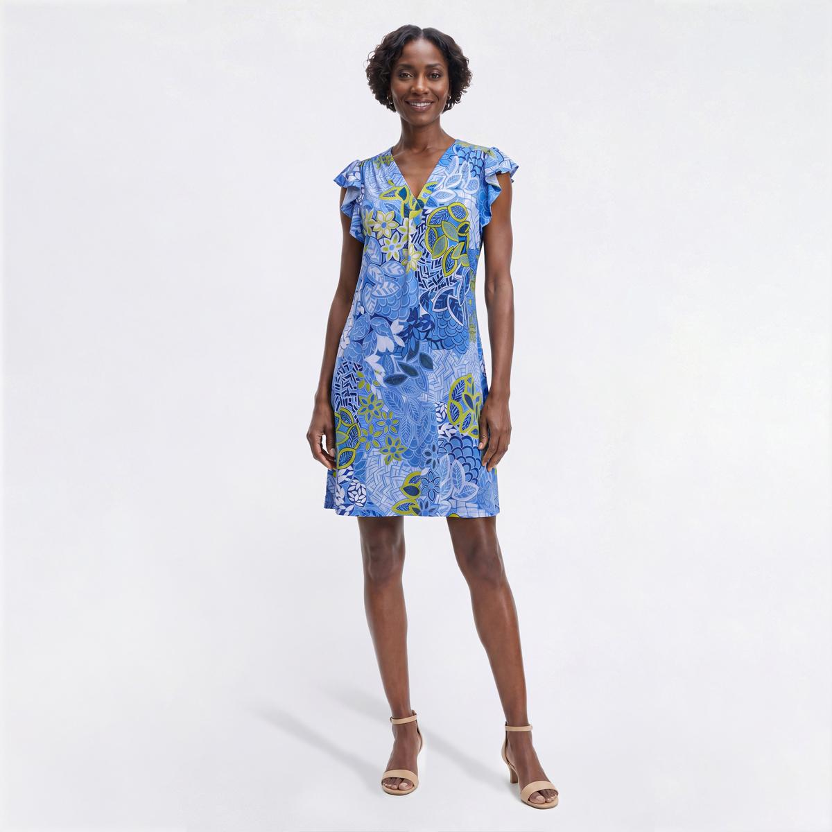Click here for Petite MSK Flutter Sleeve V Neck Leaf Shift Dress prices
