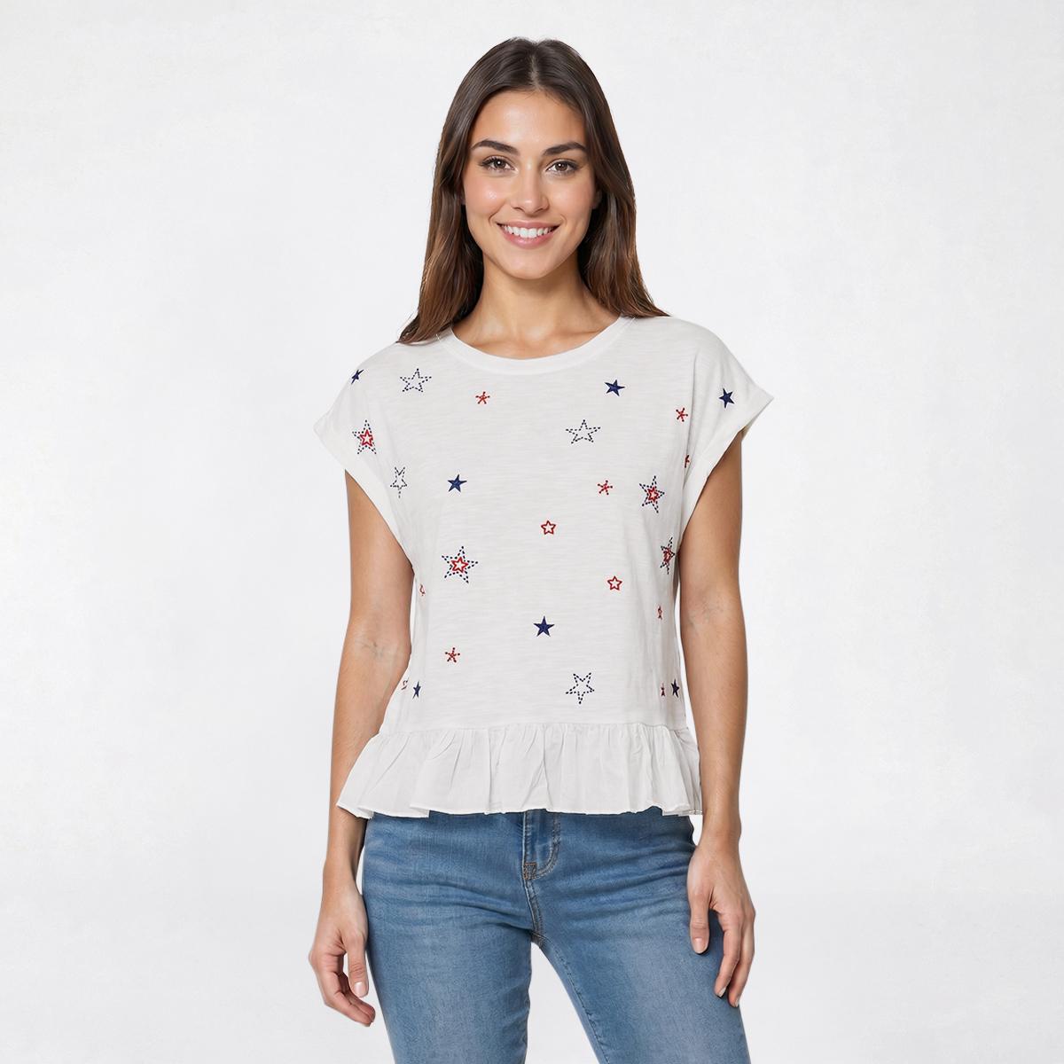Click here for Womens MNK Cap Sleeve Ruffle Hemline Star Tee prices