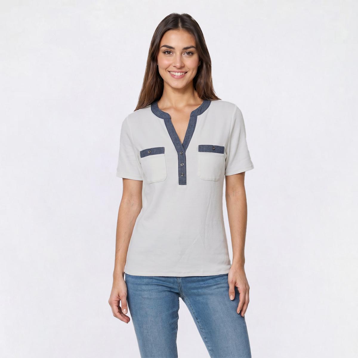 Click here for Womens Absolutely Famous Short Sleeve Denim Trim H... prices