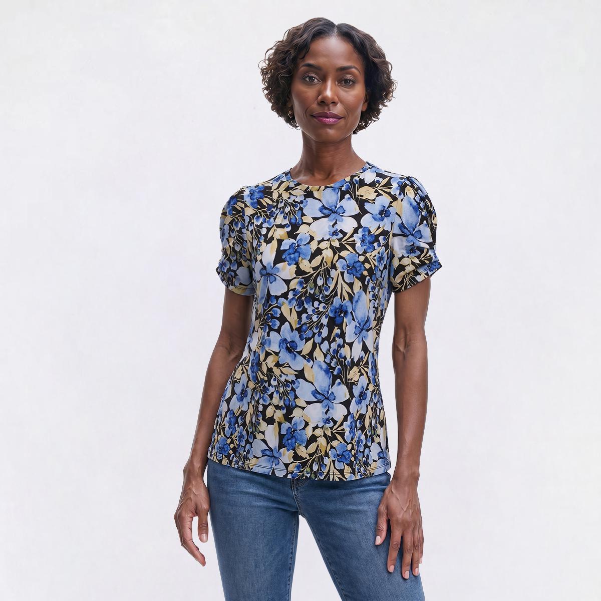 Click here for Womens AK Anne Klein Short Pleated Sleeve Floral B... prices