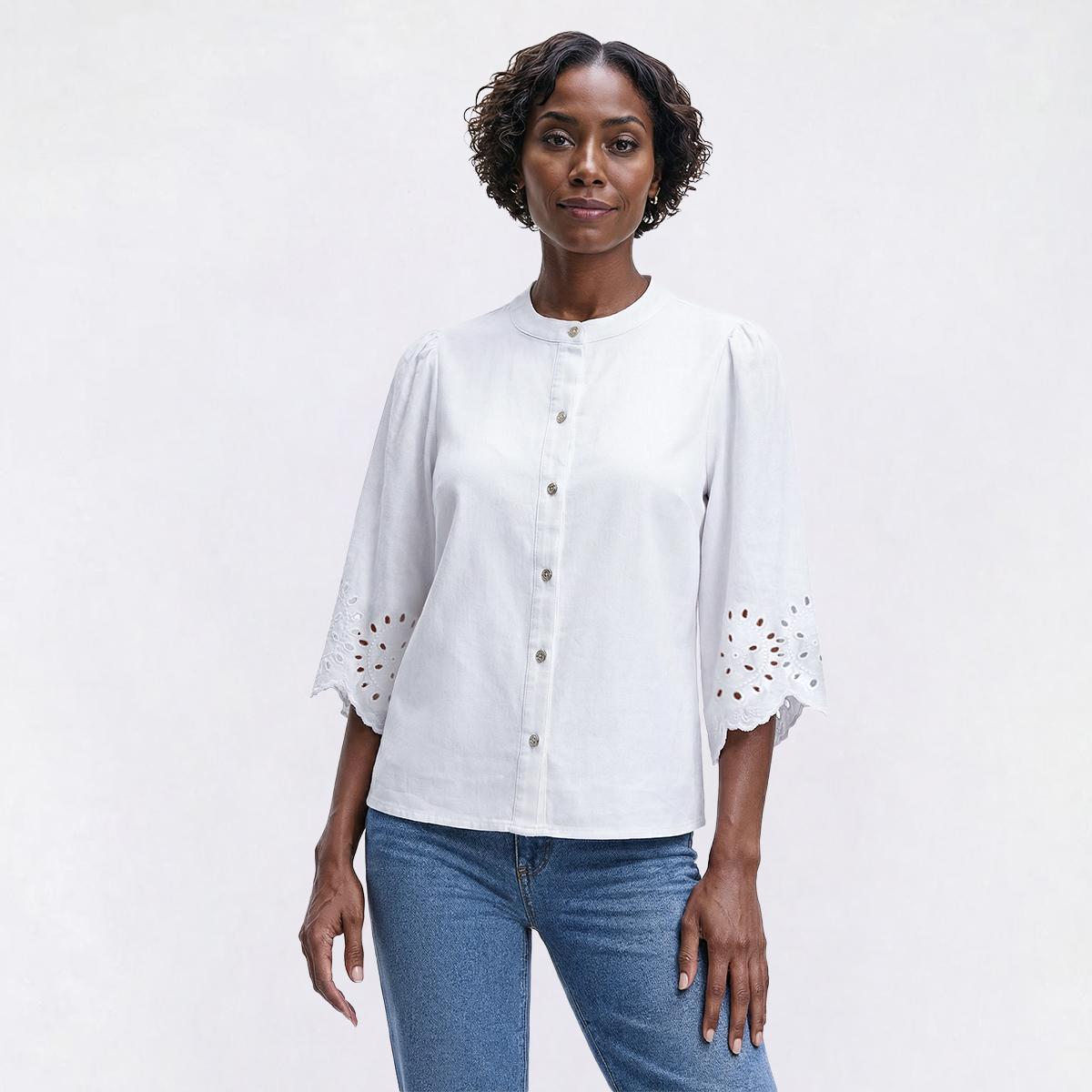 Click here for Womens Nicole Miller 3/4 Eyelet Sleeve Button Fron... prices