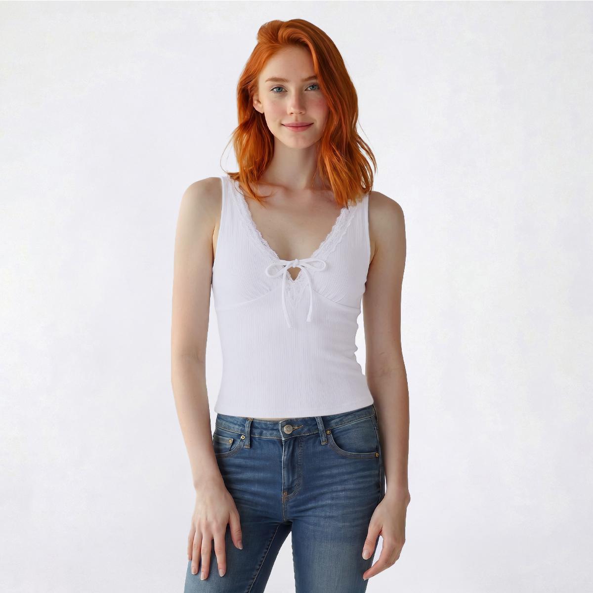 Click here for Juniors Madden Girl Tie Front Lace Neck Trim Tank... prices