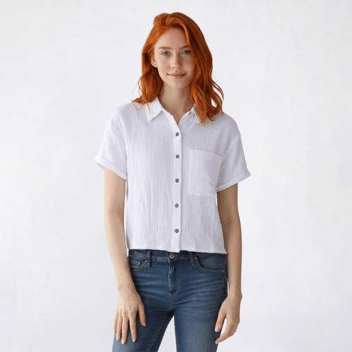 Click here for Juniors No Comment Short Sleeve Boxy Button Front... prices