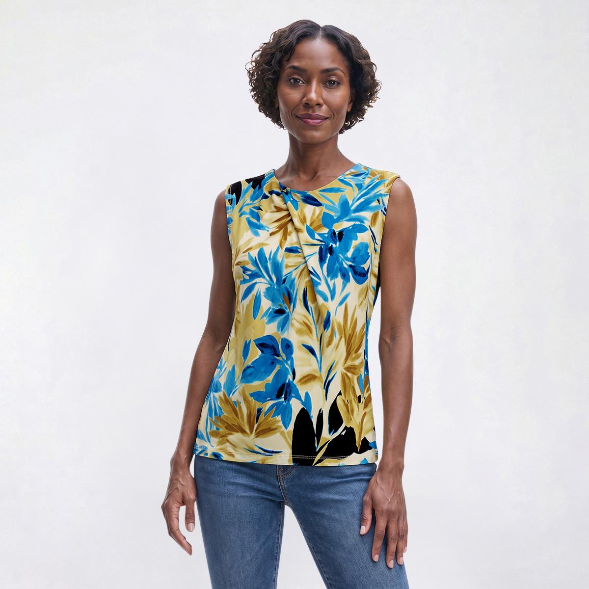 Click here for Womens Kasper Sleeveless Twist Neck Leaf Blouse prices