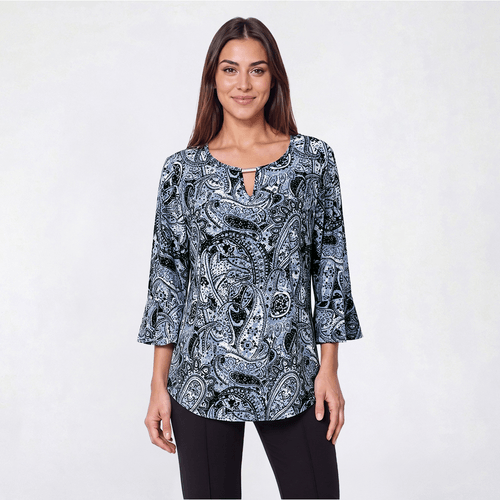 Click here for Womens Notations 3/4 Ruffle Sleeve Paisley Keyhole... prices