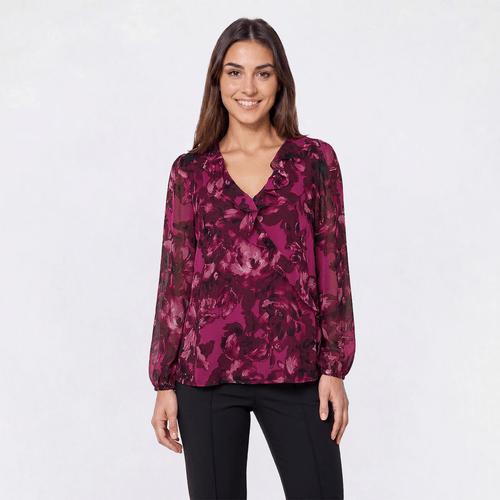 Womens Kasper Long Sleeve Ruffle Trim Floral Blouse