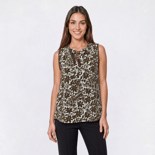 Click here for Womens Como Black Sleeveless Tie Neck Floral Blous... prices