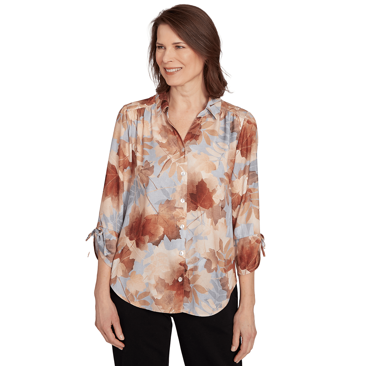 Alfred Dunner Womens Classic Textured Leaf Button Front Top - Tan Neutral