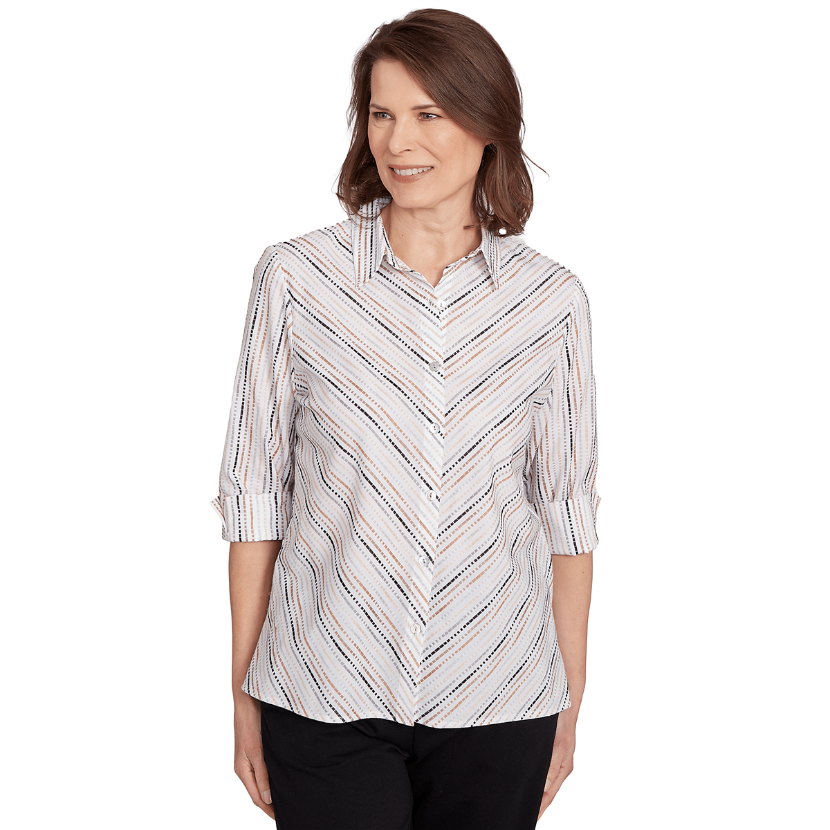 Alfred Dunner Womens Classic Mitered Textured Stripe Button Front Top - Tan Neutral
