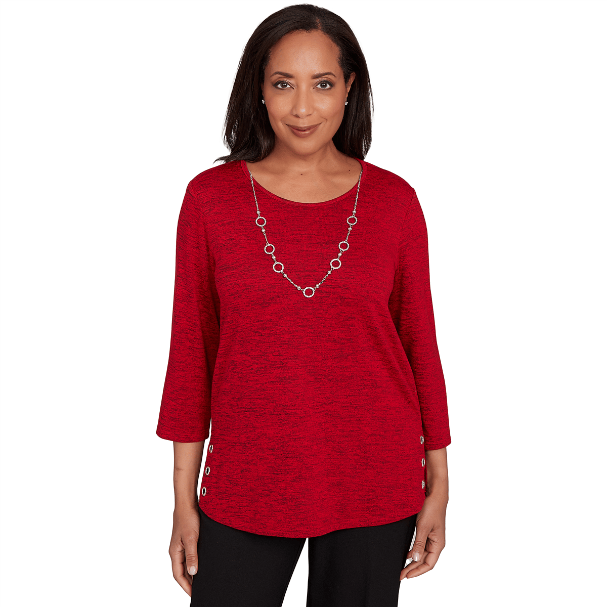 Alfred Dunner Womens Classic Melange Side Button Crew Neck Top with Necklace - Denim