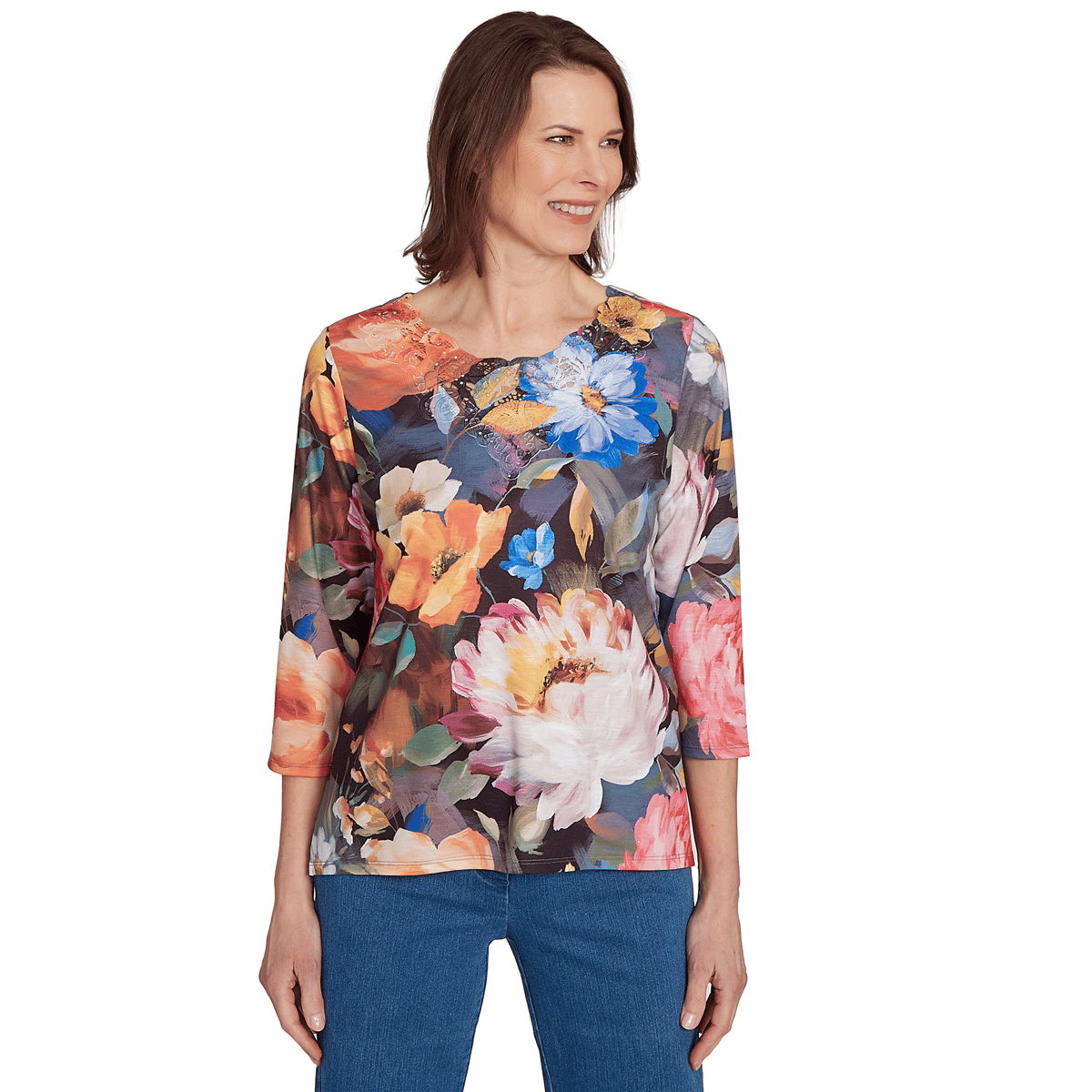 Alfred Dunner Womens Classic Dramatic Floral Lace Neck Top - Navy