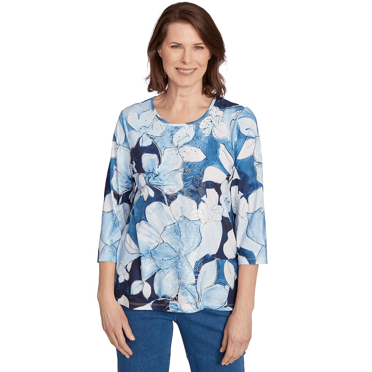 Alfred Dunner Womens Classic Monotone Floral Embellished Top - Blue