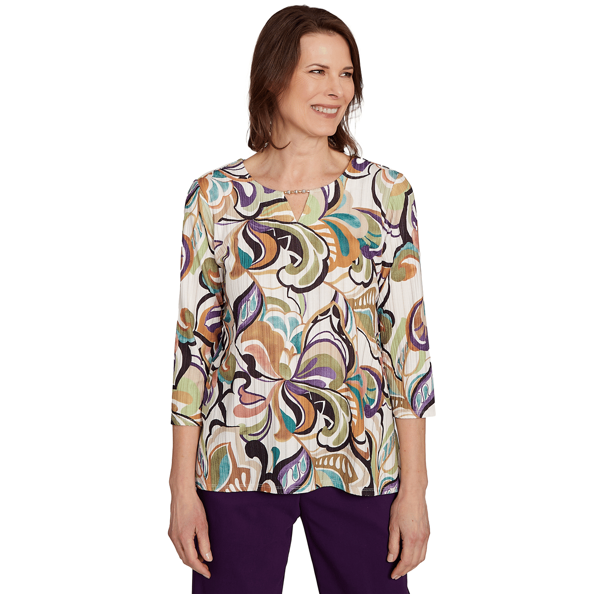 Alfred Dunner Womens Classic Abstract Scroll Split Neck Top - Neutral