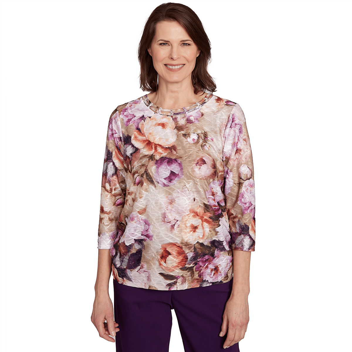 Alfred Dunner Womens Classic Textured Floral Ruched Sides Top - Tan Neutral