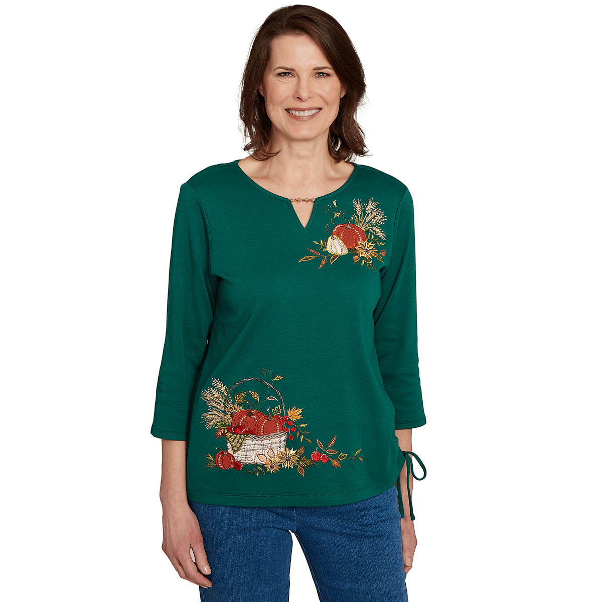 Alfred Dunner Womens Classic Asymmetric Pumpkin Split Beaded Floral Top - Hunter
