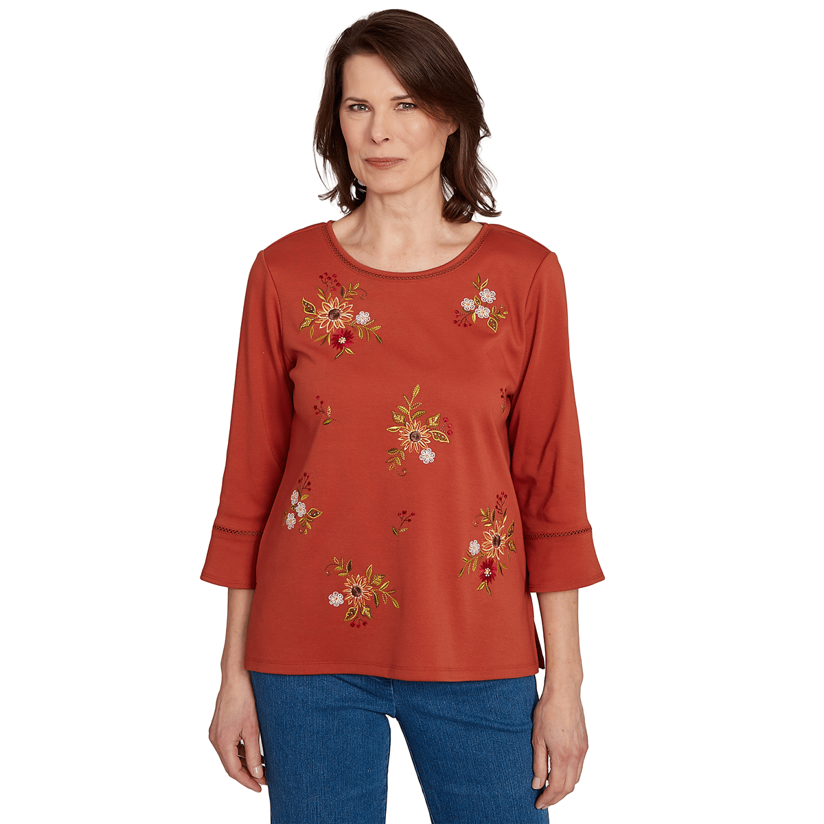 Alfred Dunner Womens Classic Tossed Floral Flutter Sleeve Top - Terracotta
