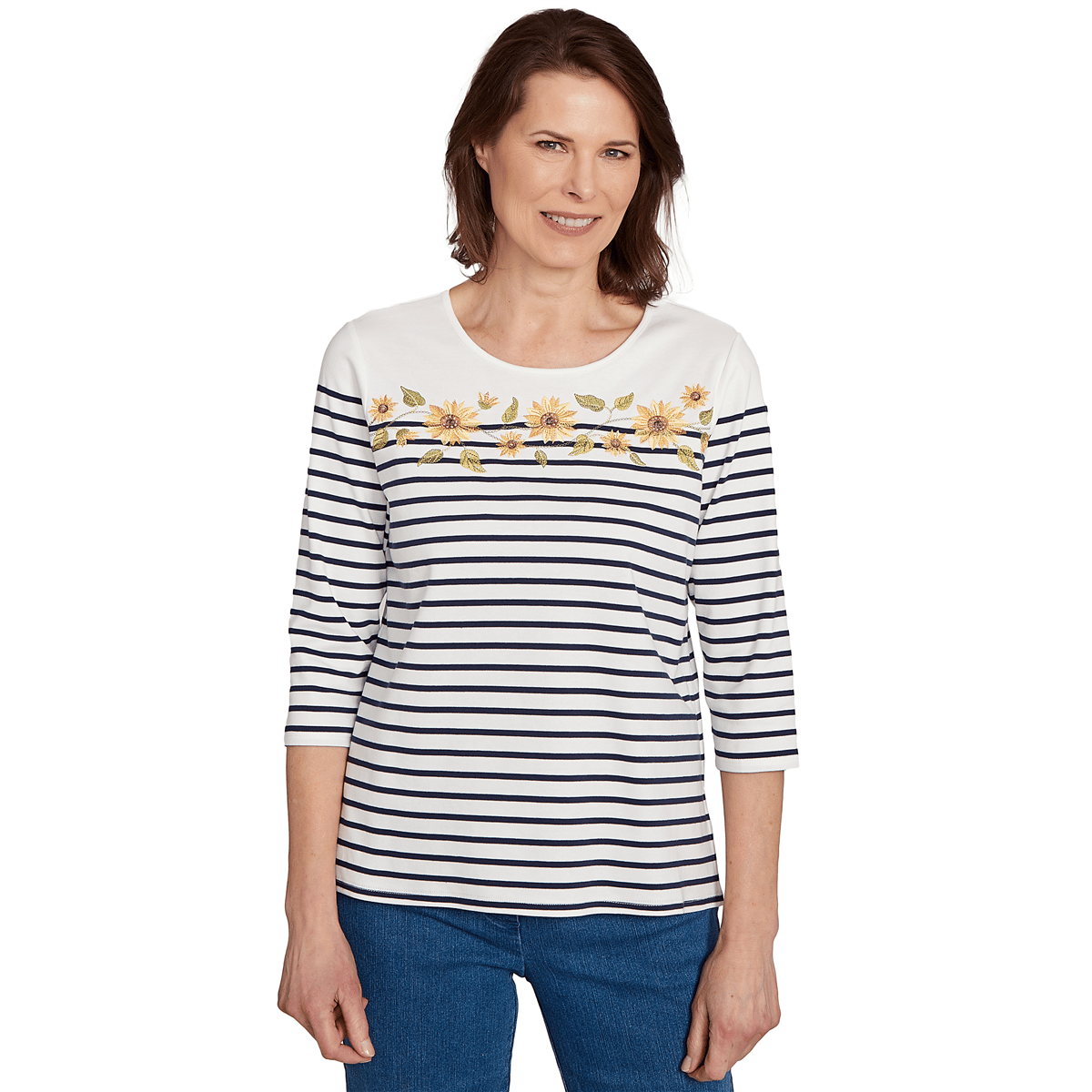 Alfred Dunner Womens Classic Sunflower Striped Crew Neck Top - Navy