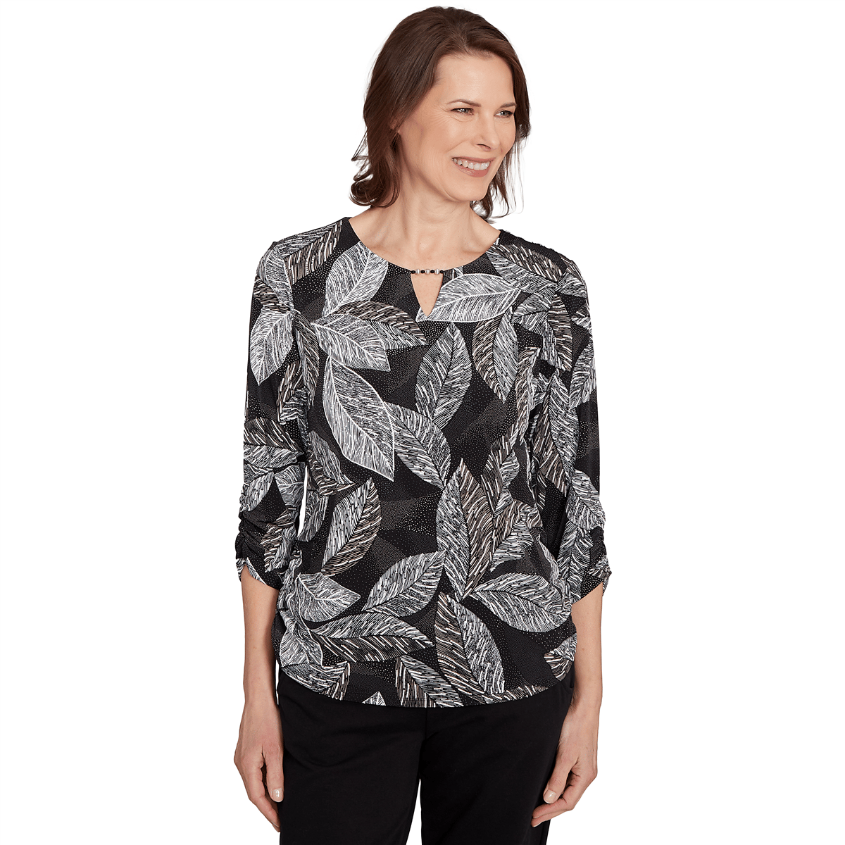 Click here for Petite Alfred Dunner Classics Keyhole Neck Leaf Bl... prices
