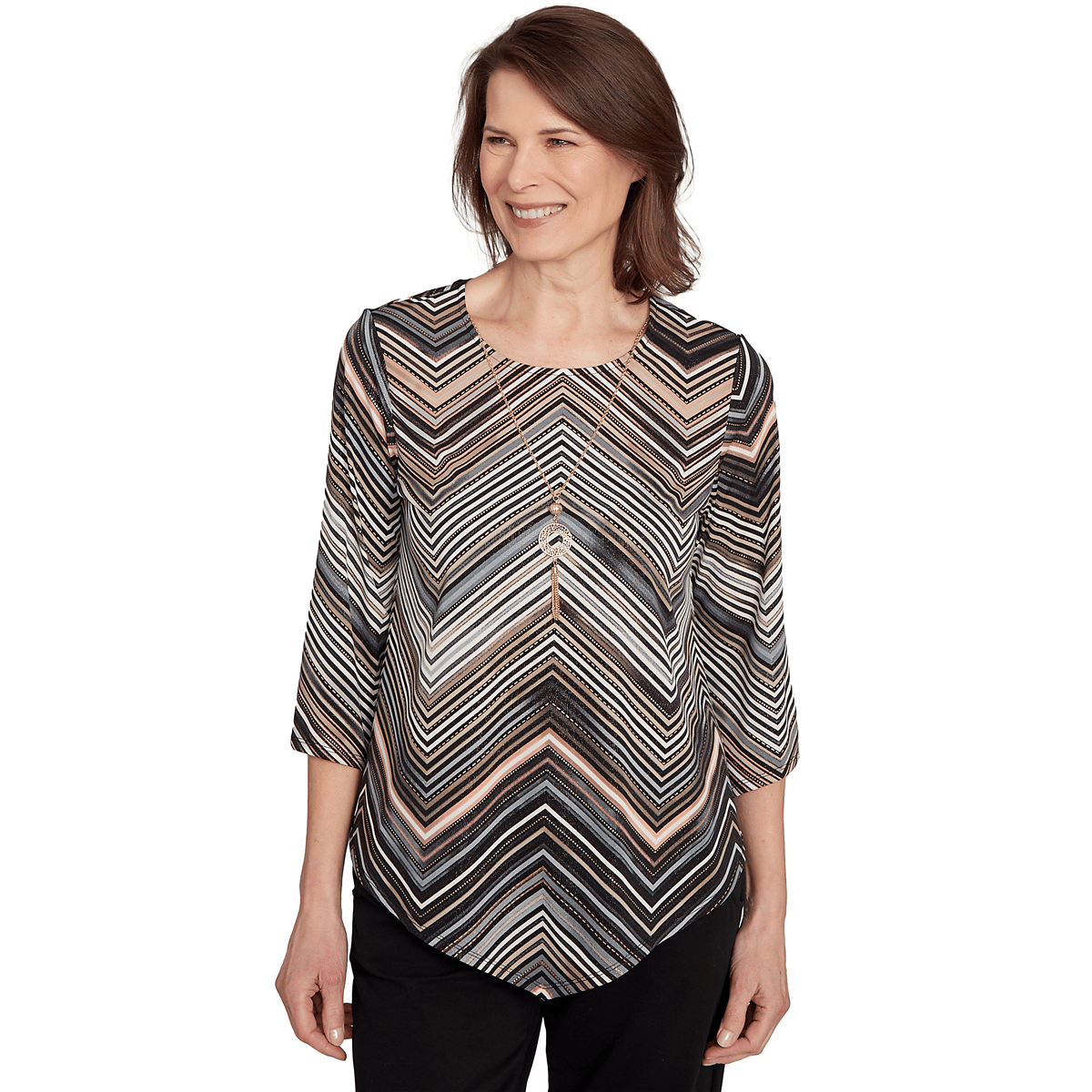 Alfred Dunner Womens Classic Chevron Stripe Top with Necklace - Tan