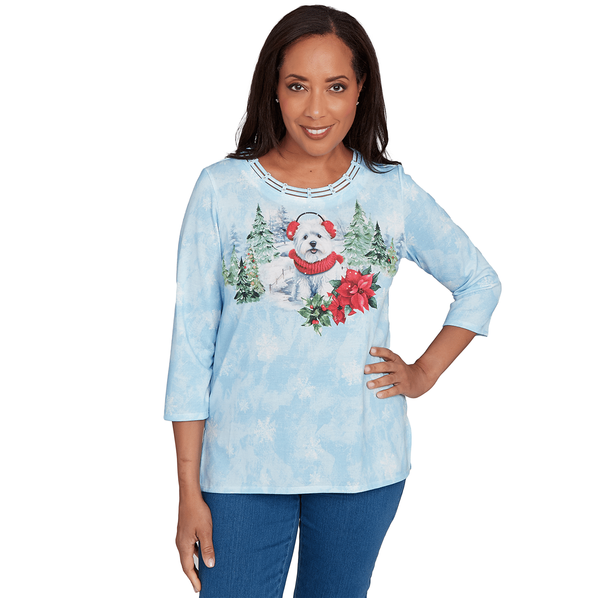 Womens Alfred Dunner Classics 3/4 Sleeve Holiday Dog Blouse