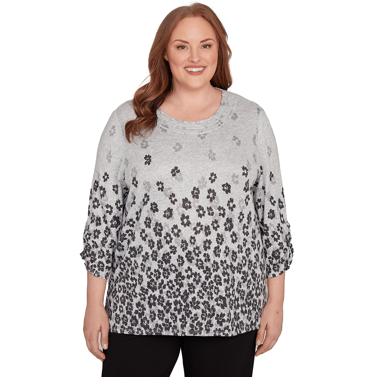 Alfred Dunner Plus Size Classic Floral Border Gathered Sleeve Top - Grey