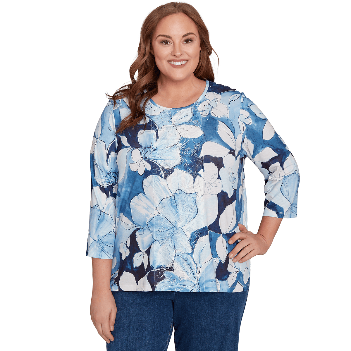 Alfred Dunner Plus Size Classic Monotone Floral Embellished Top - Blue