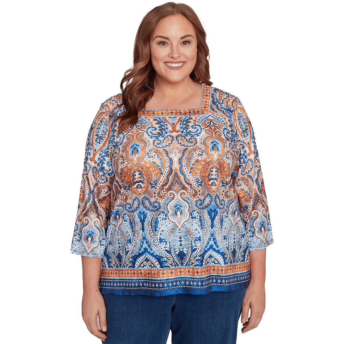 Alfred Dunner Plus Size Classic Medallion Bordered Square Neck Top - Denim