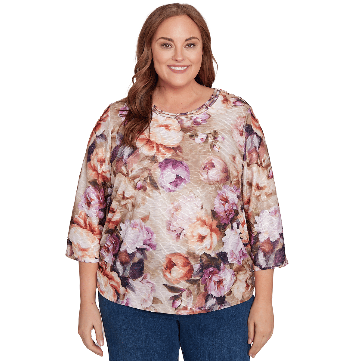 Alfred Dunner Plus Size Classic Textured Floral Ruched Sides Crew Neck Top - Tan Neutral