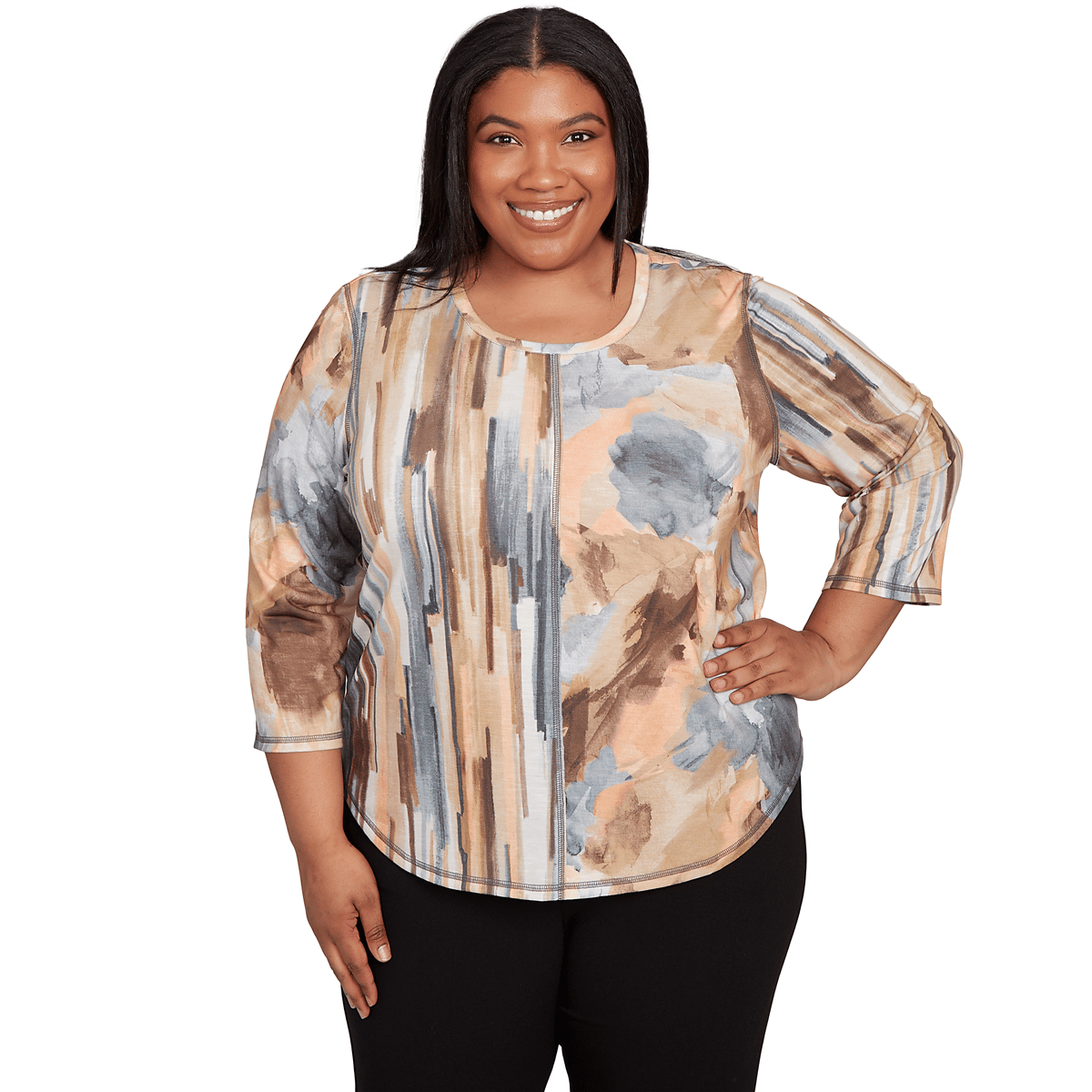 Alfred Dunner Plus Size Classic Spliced Floral Stripe Crew Neck Top - Neutral