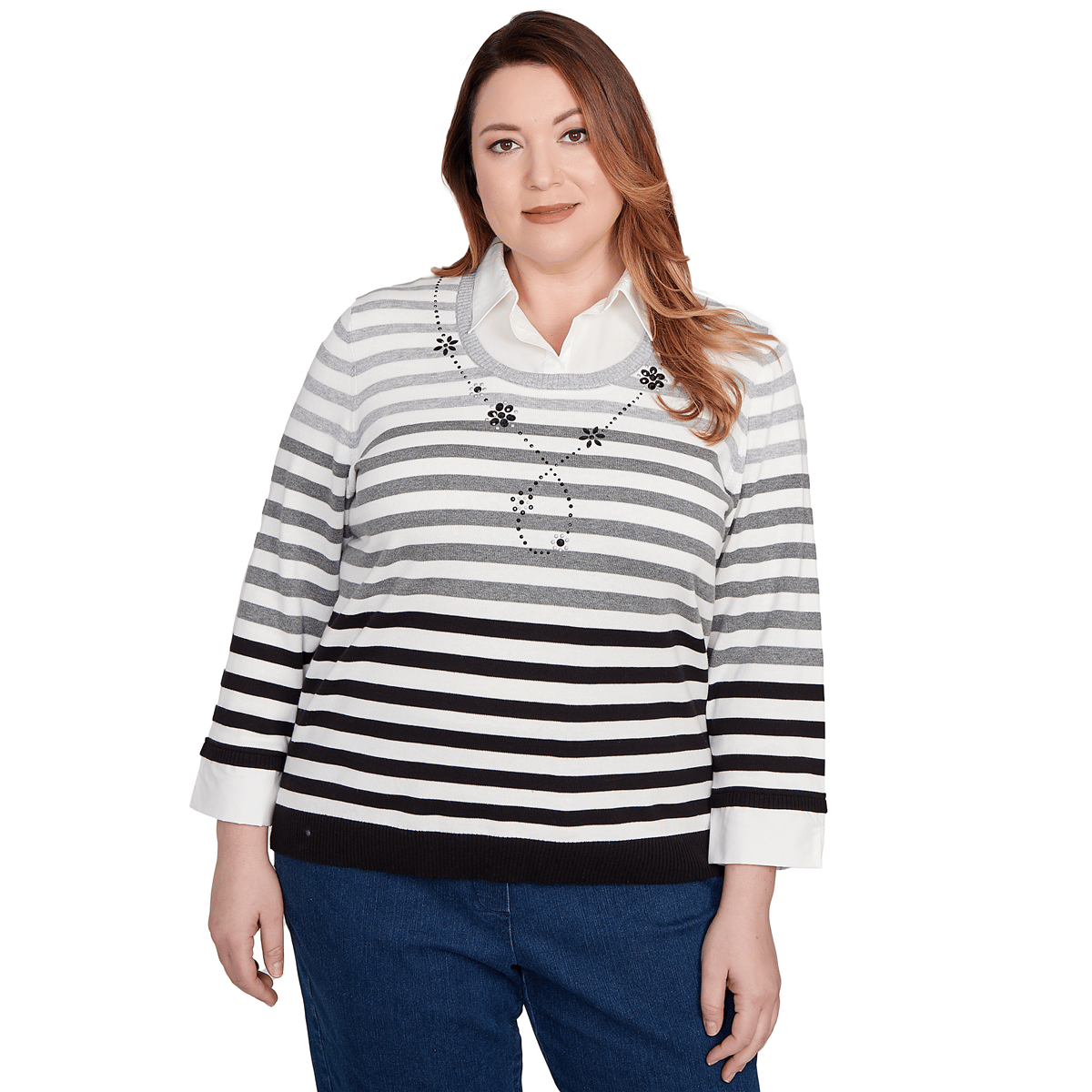 Alfred Dunner Plus Size Classic Ombre Stripe Two In One Sweater - Black