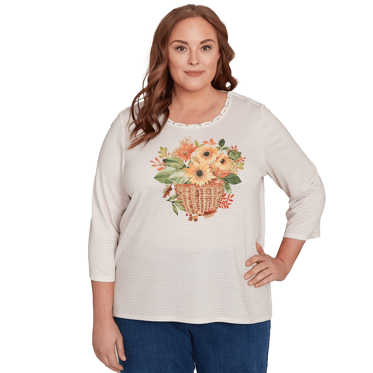 Alfred Dunner Plus Size Classic Harvest Basket Crew Neck Top - Oatmeal Multi