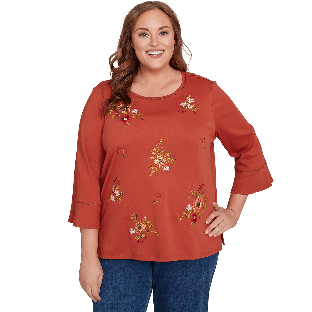 Alfred Dunner Plus Size Classic Tossed Floral Flutter Sleeve Top - Terracotta