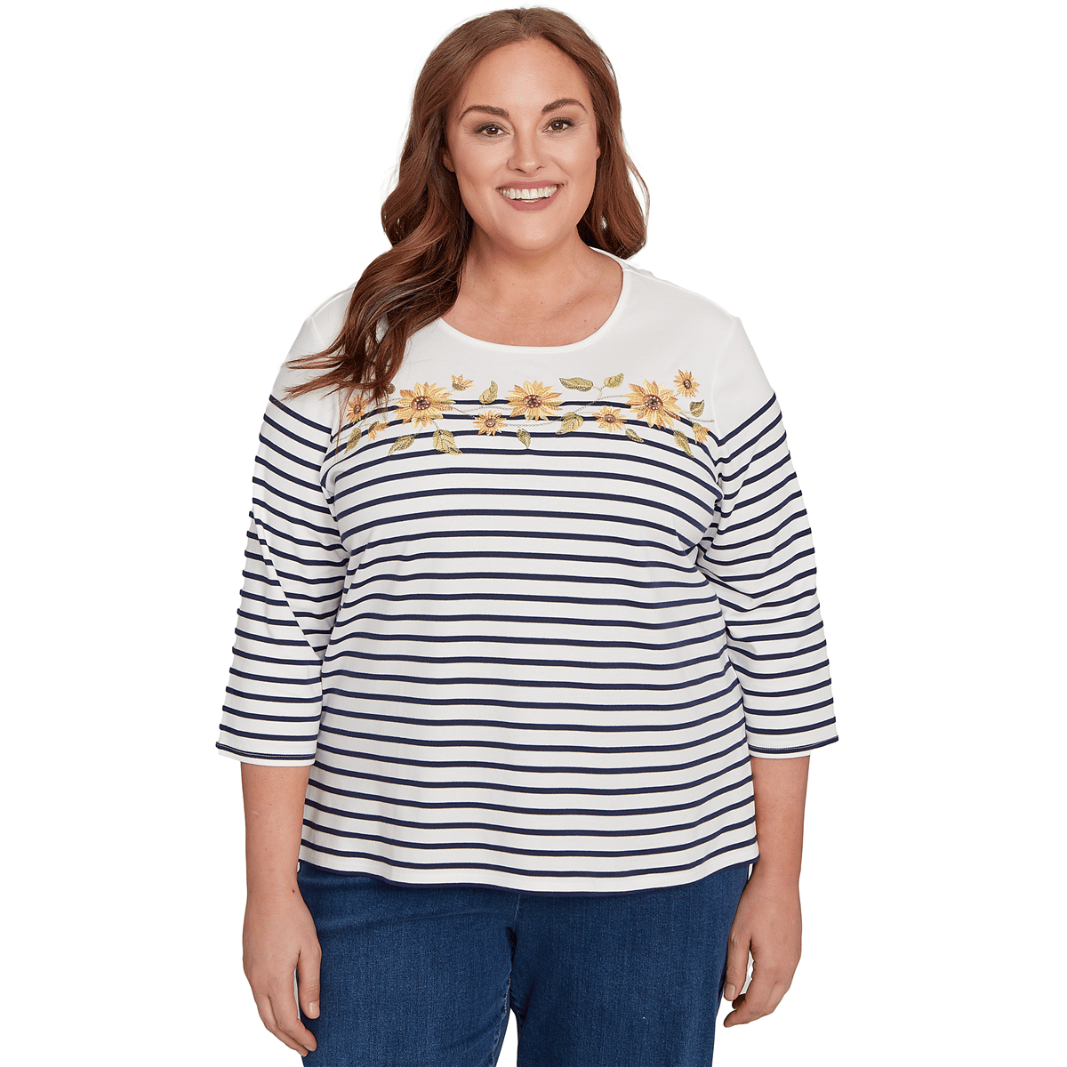 Alfred Dunner Plus Size Classic Sunflower Neckline Striped Top - Navy