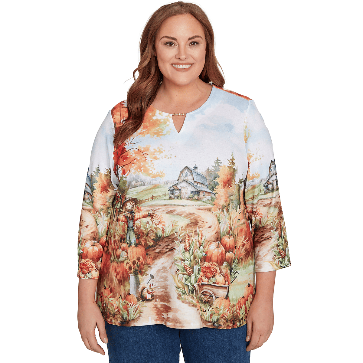 Alfred Dunner Plus Size Classic Farm Landscape Harvest Keyhole Neck Top - Oatmeal Multi