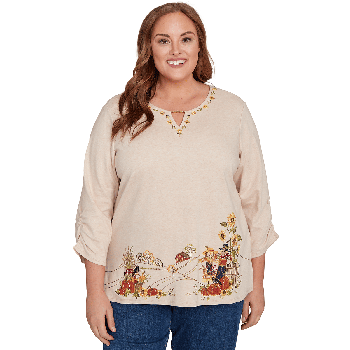 Alfred Dunner Plus Size Classic Scarecrow Bordered Keyhole Neck Top - Oatmeal