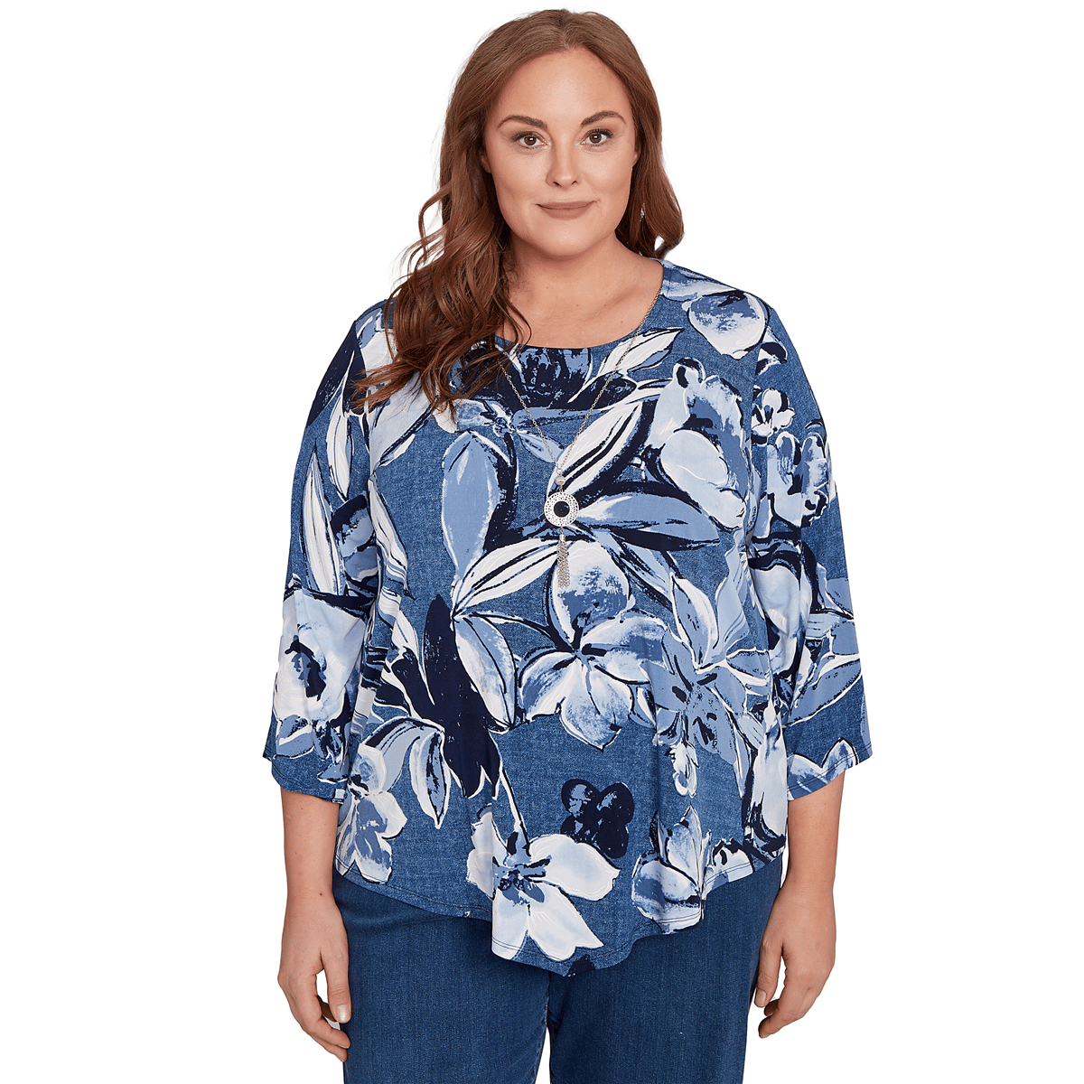Alfred Dunner Plus Size Classic Puff Print Denim Floral Top - Denim
