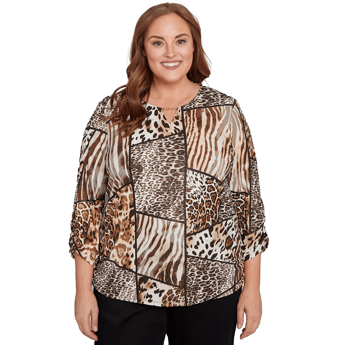 Alfred Dunner Plus Size Classic Puff Print Animal Colorblock Keyhole Neck Top - Tan