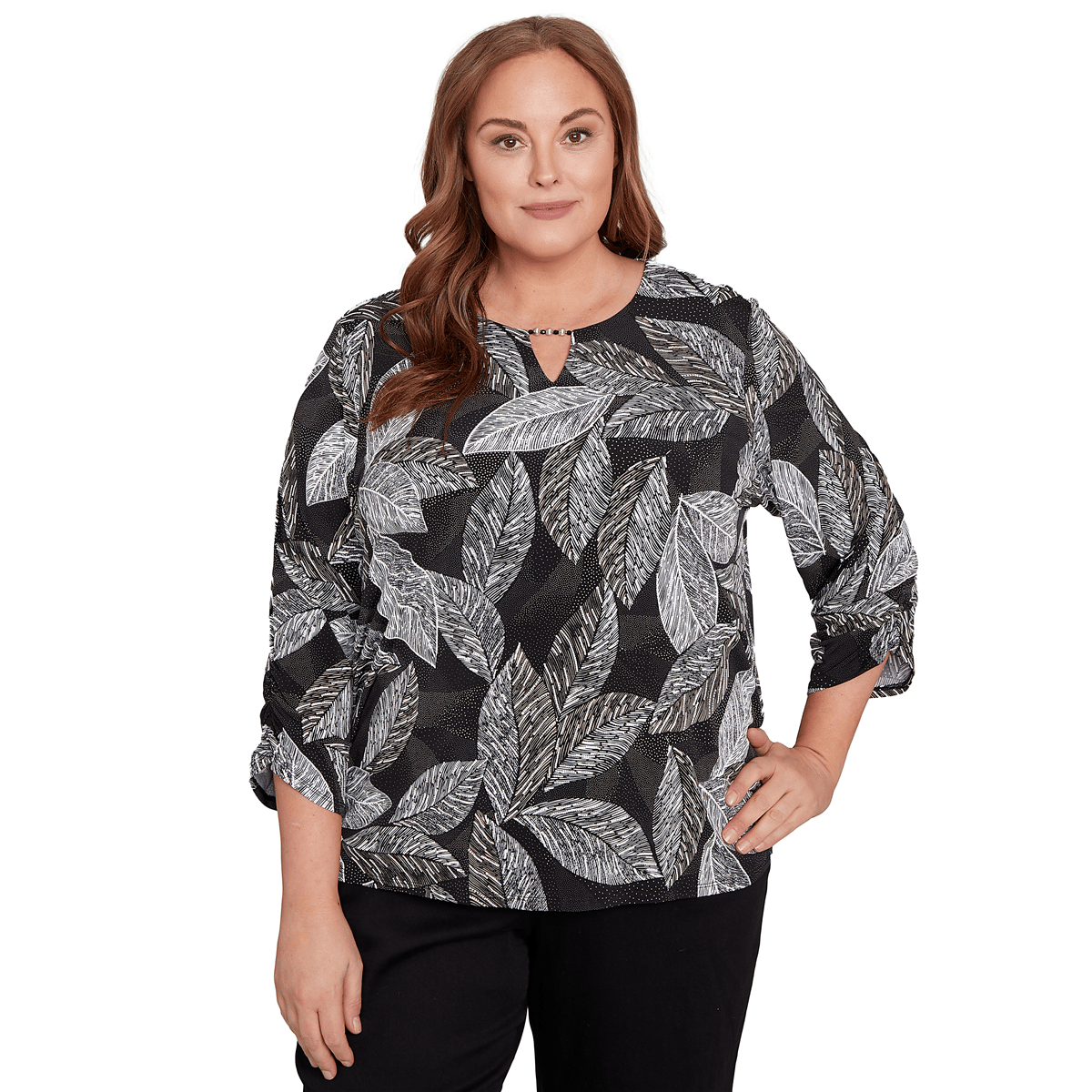Alfred Dunner Plus Size Classic Puff Print Leaf Keyhole Neck Top - Black