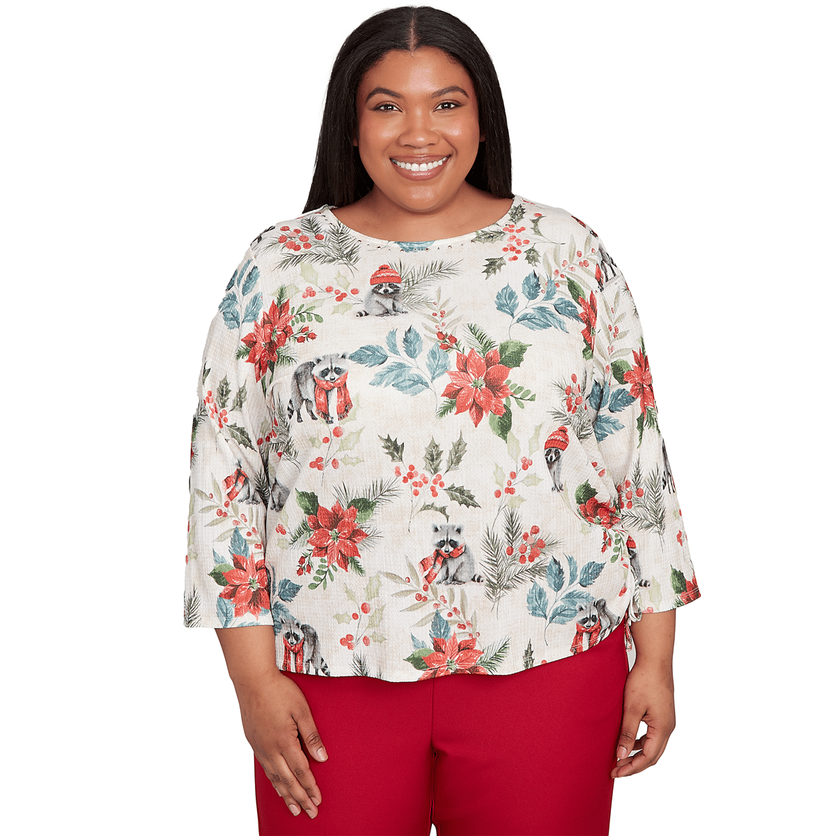 Alfred Dunner Plus Size Classic Holiday Poinsettias Crew Neck Top - Oatmeal