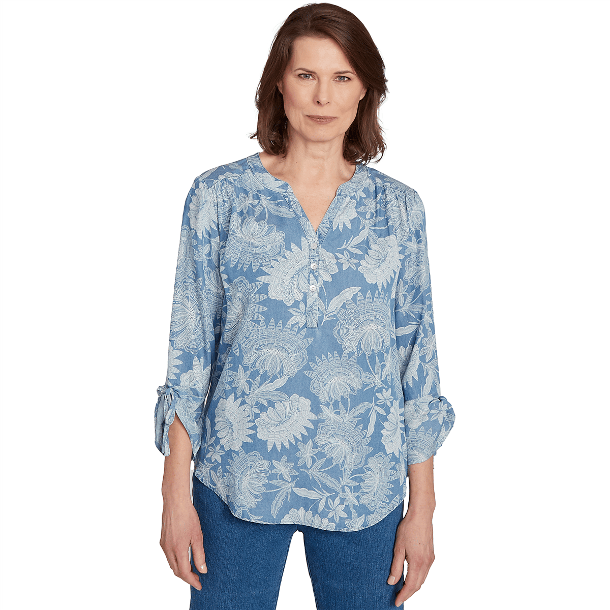 Petite Alfred Dunner Classics Split Neck Floral Tie Sleeve Blouse